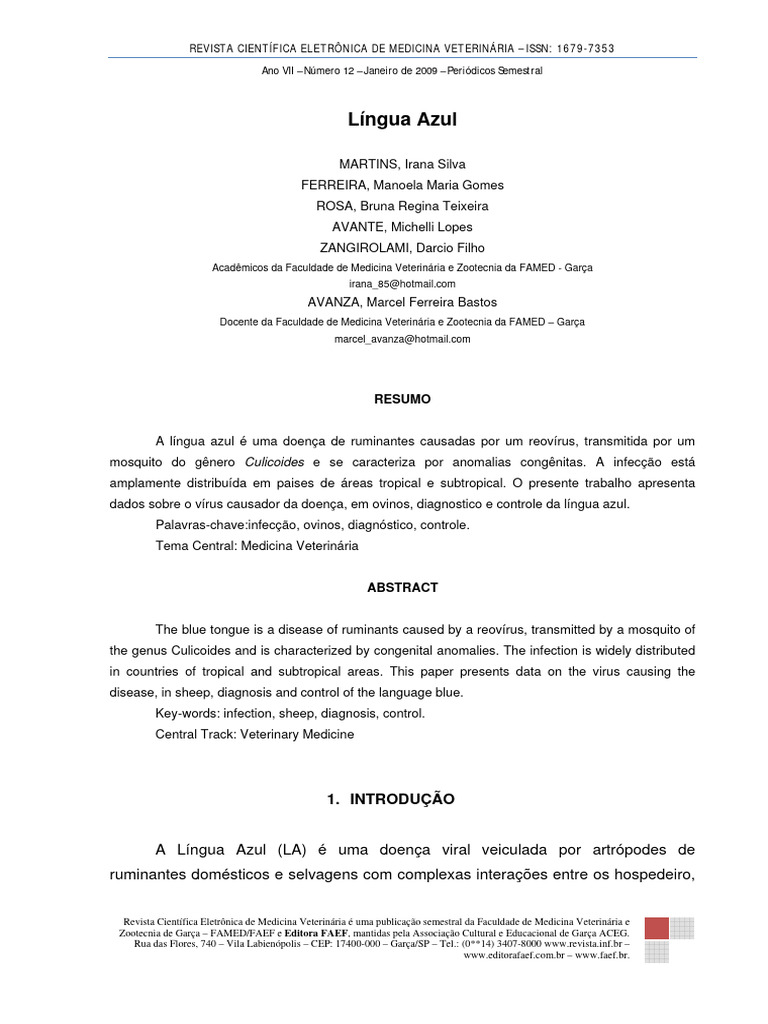 Lingua Azul - Bovinos | PDF | Vírus | Medicina Veterinária