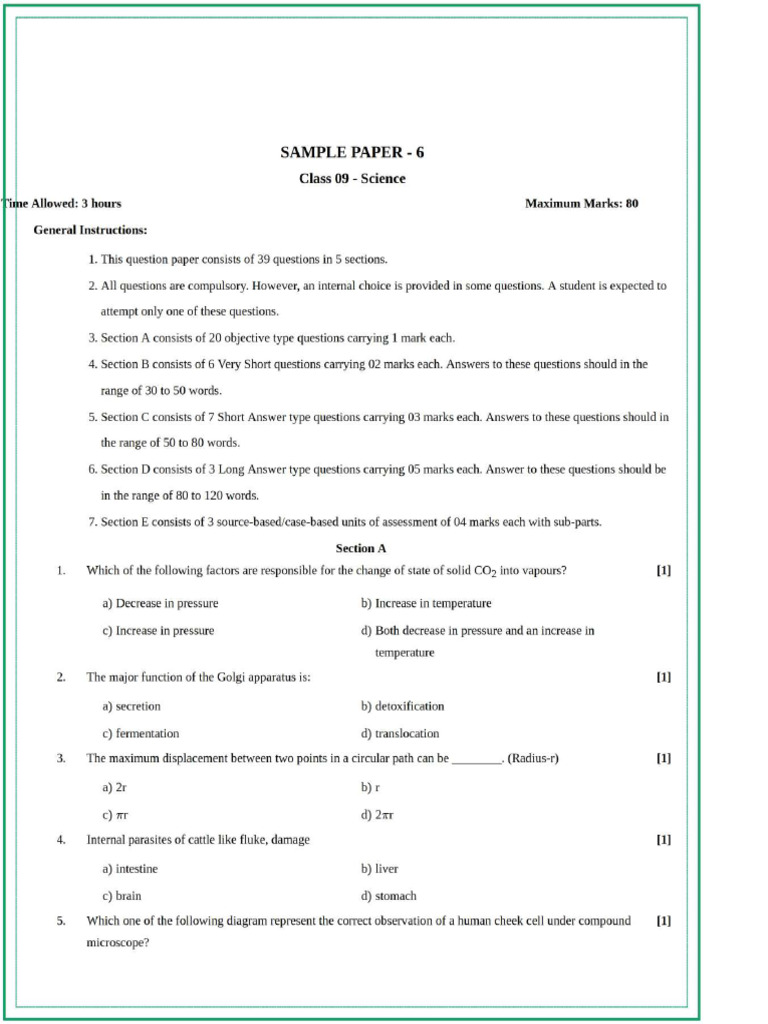 Sample Paper Class 9 | PDF