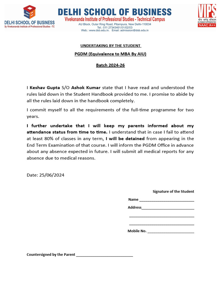 Attendance Undertaking by The Student | PDF