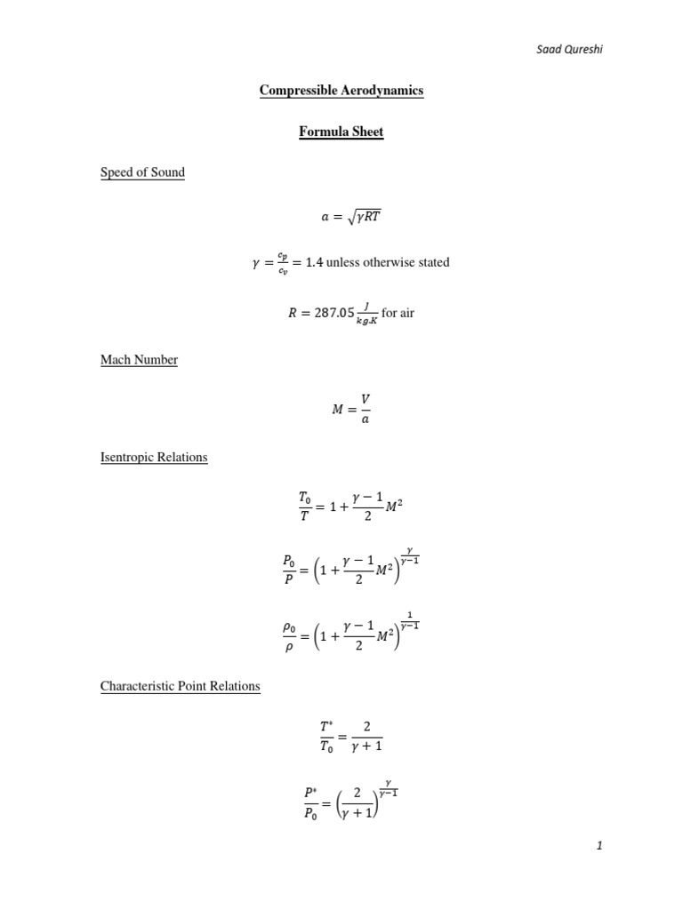 Compressible Aerodynamics Formulas | PDF | Aerodynamics | Mach Number