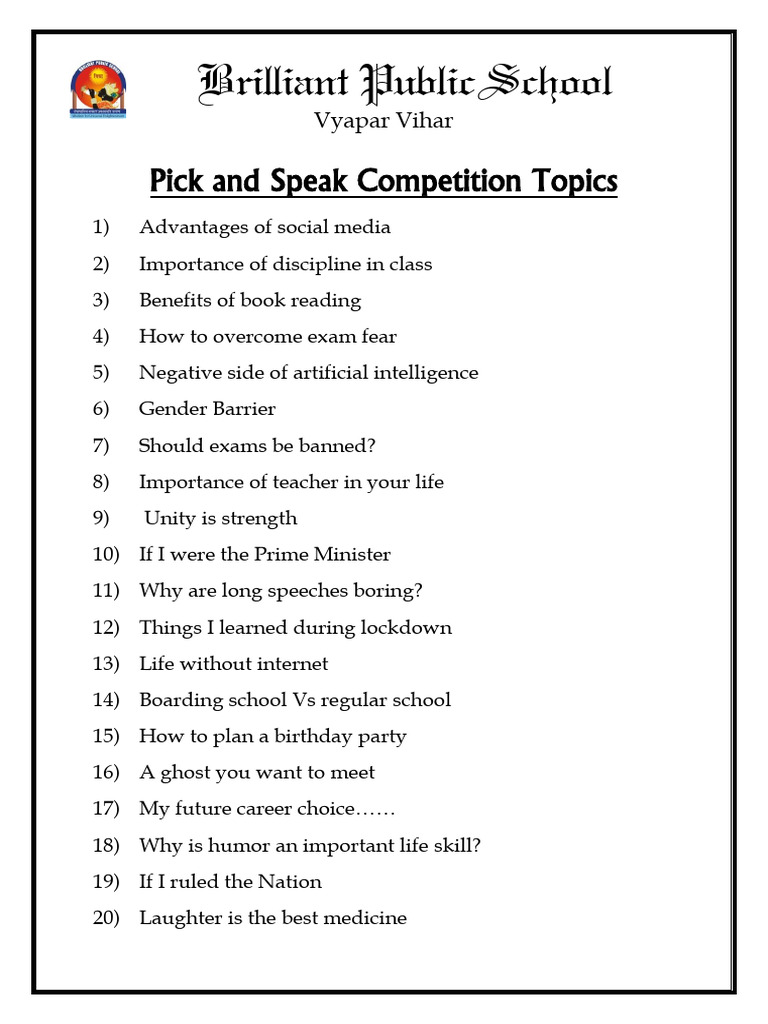 Pick and Speak Competition Topics 2 | PDF