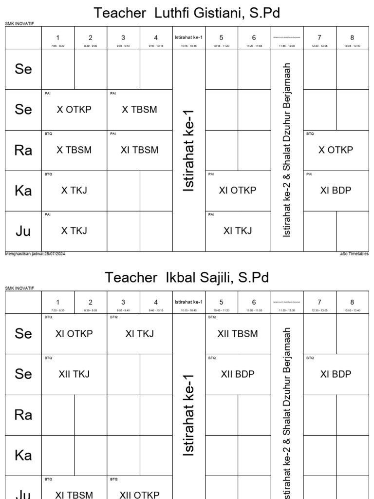 Rincian Jadwal Per Guru SMK Inovatif 2024 | PDF