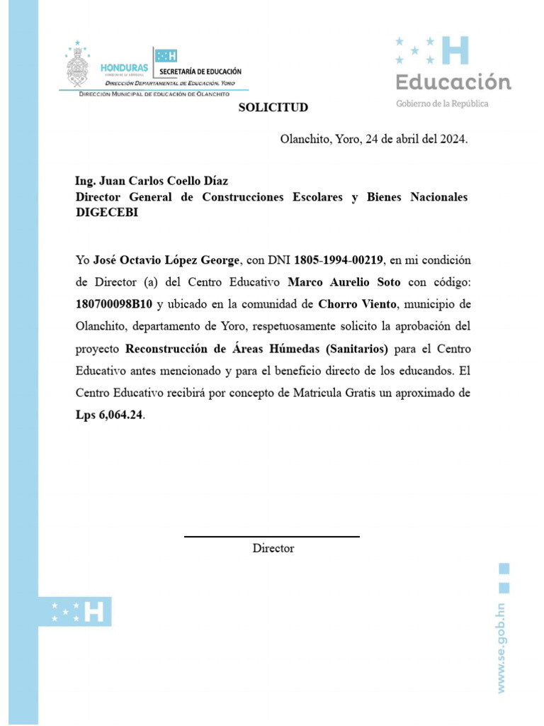 Solicitud de Reconstrucción de Sanitarios | PDF | Ciencias sociales