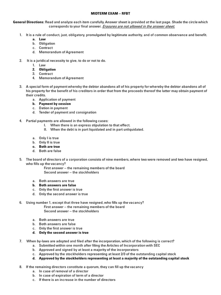 RFBT Midterm Exam for Law Students | PDF | Annulment | Partnership