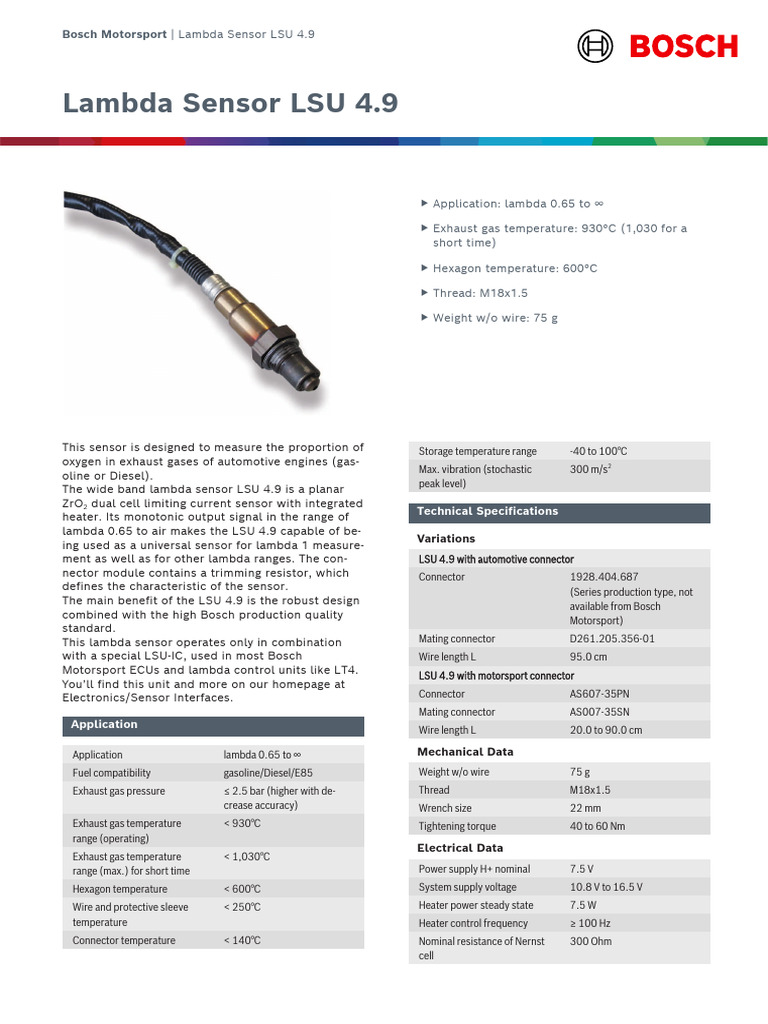 Data Sheet - 69034379 - Lambda - Sensor - LSU - 4.9 | PDF | Electrical Connector | Sensor