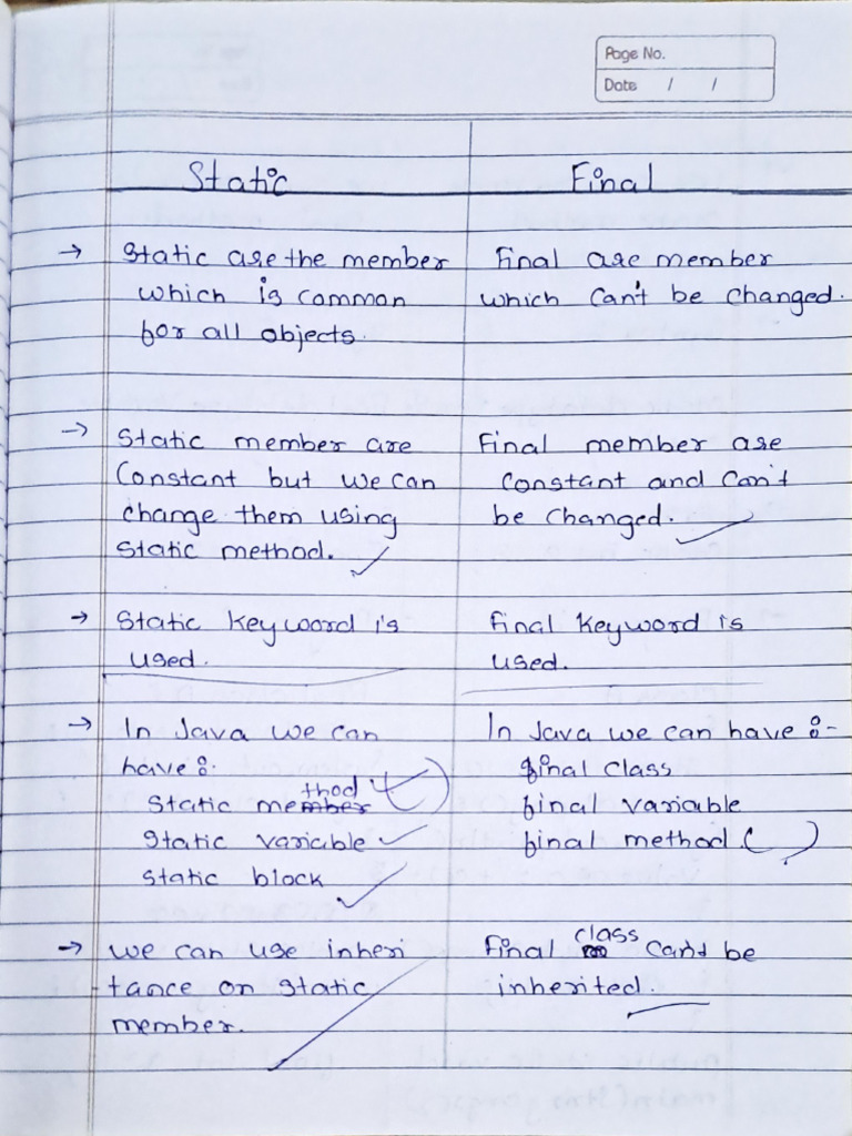 Static&final-Difference Java PHP C C++ Notes Most Imp Questions | PDF