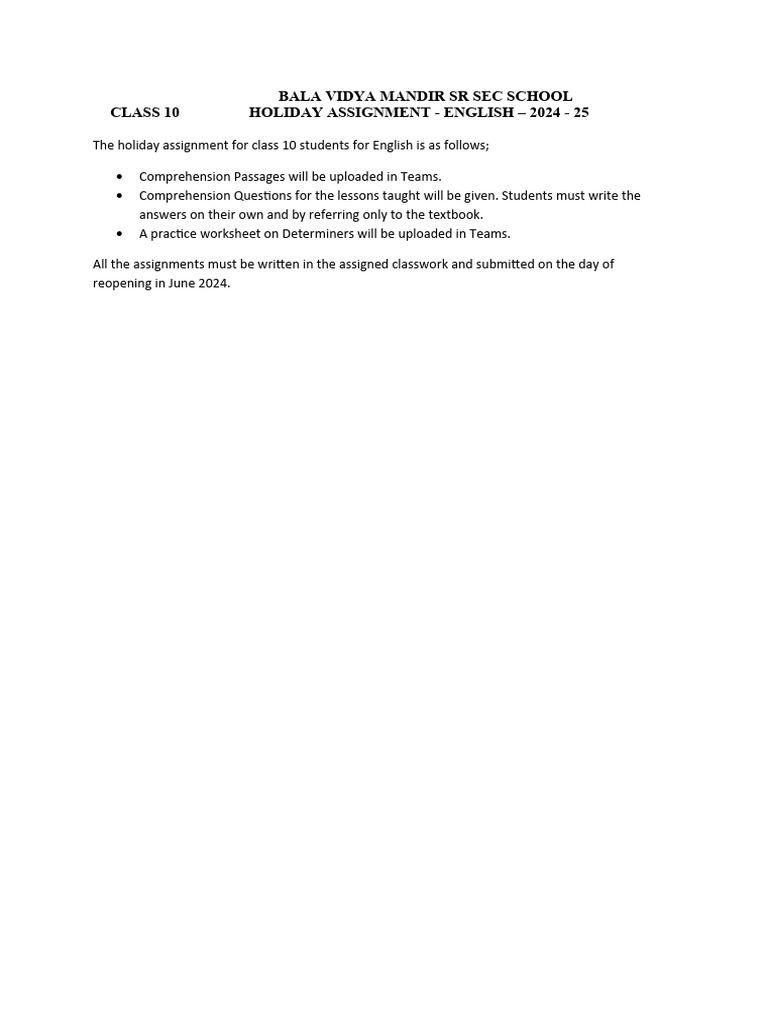 Class 10 English - Holiday Assignment | PDF