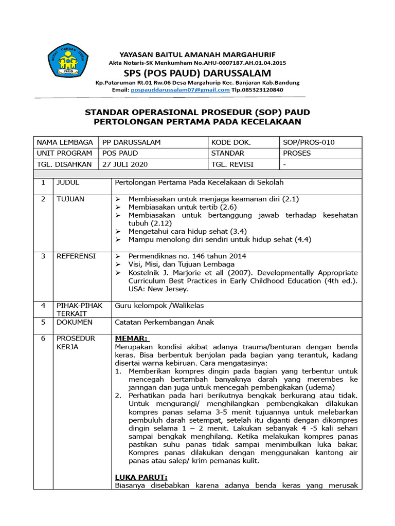 Sop Paud Pertolongan Pertama Pada Kecelakaan Darussalam | PDF Sop Paud Pertolongan Pertama Pada Kecelakaan Darussalam | PDF