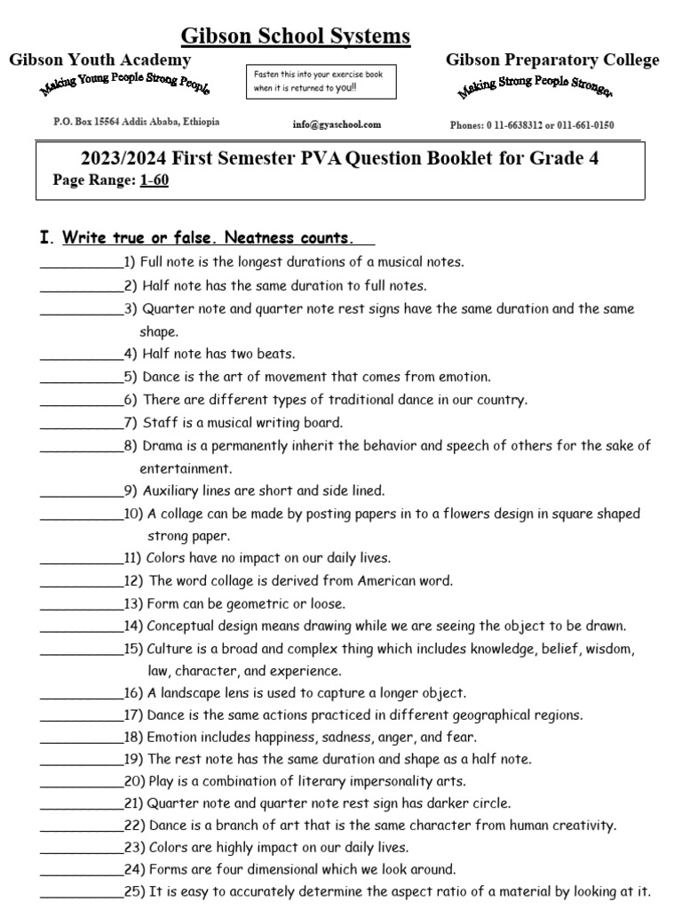 Grade 4 PVA Question Booklet | PDF | Clef