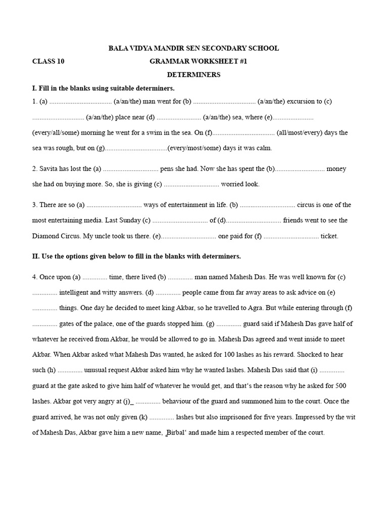 Determiners Worksheet Class 9 | PDF