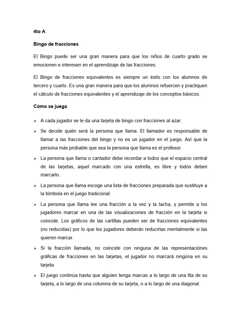 Bingo de Fracciones para 4to Grado | PDF