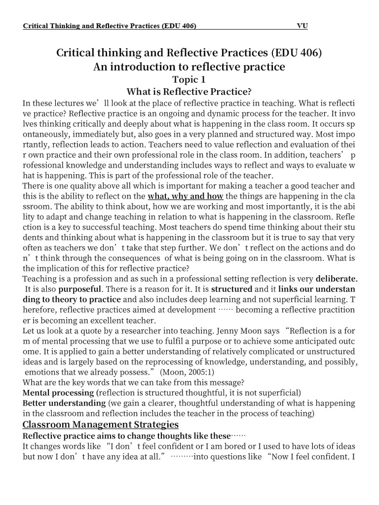 Critical Thinking and Reflective Practices (EDU 406) | PDF | Reflective Practice | Learning