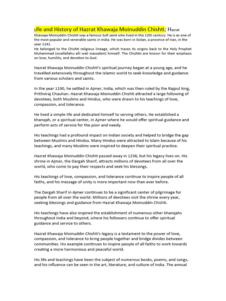 Life and History of Hazrat Khawaja Moinuddin Chish | PDF | Religious ...