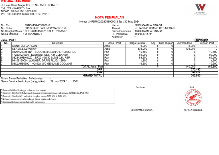 Nota Service Motor | PDF