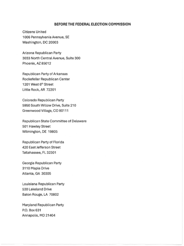 Citizens United, David Bossie and 17 State and Territorial Republican ...