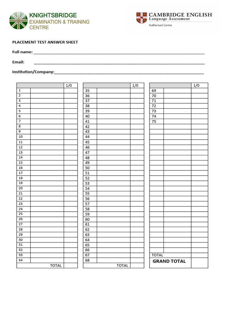 Placement - WrittenTest - Up To B1 Answer Sheet | PDF