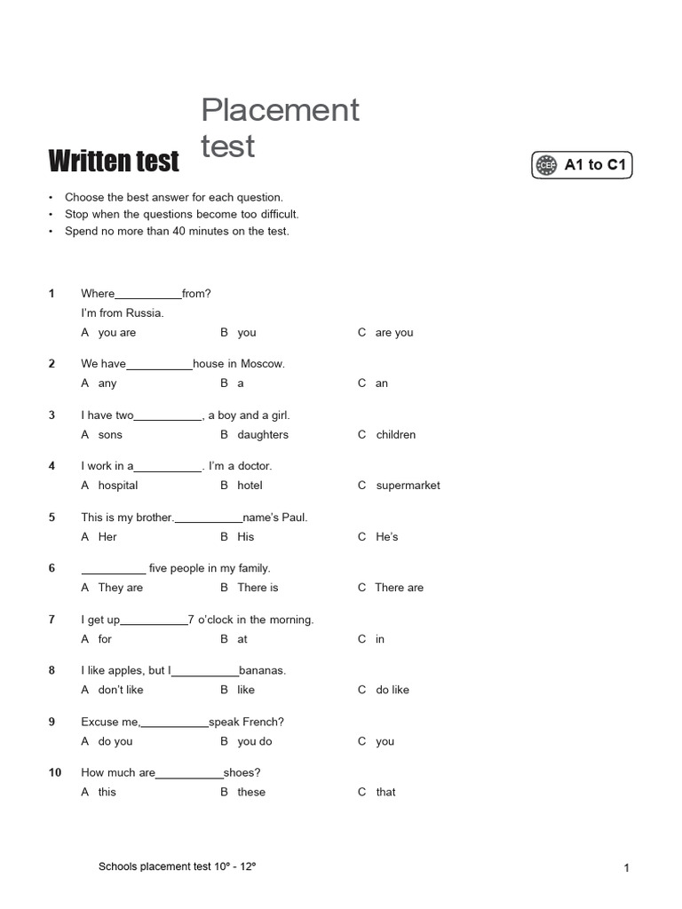 10th to 12th Grade Placement Test | PDF
