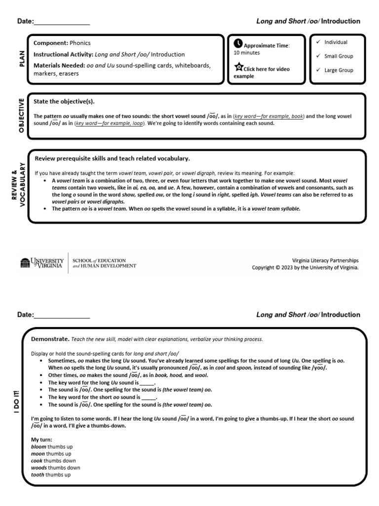 Long and Short /oo/ Phonics Lesson | PDF | Phonics | Vowel