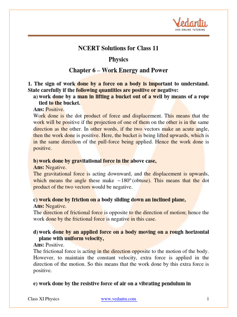 NCERT Solutions For Class 11 Physics Chapter 6 - Work Energy and Power ...