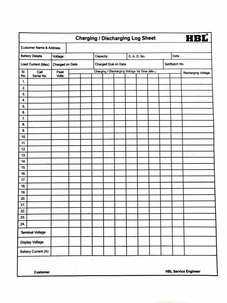 Battery Charging Log Sheet Template | PDF | Technology & Engineering