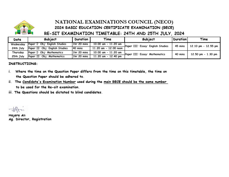 2024 Bece Resit Timetable | PDF