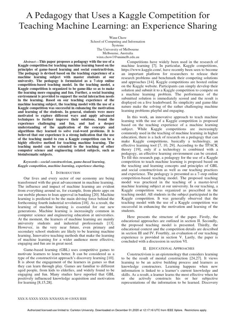 A pedagogy that uses a kaggle competition for teaching machine learning - an experience sharing ...