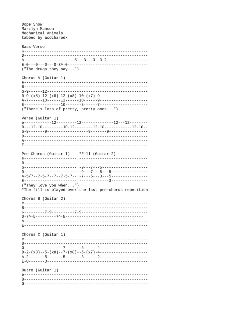 Bass Tab for "Dope Show" Fans | PDF | Song Structure | Performing Arts
