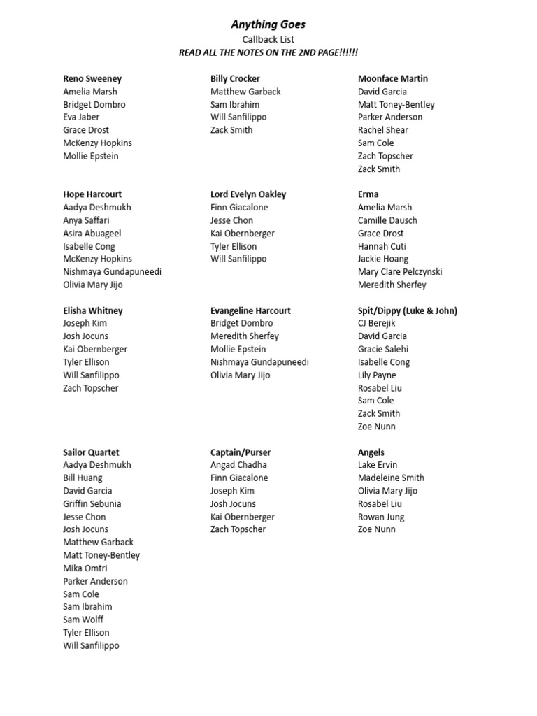 Anything Goes Callback List | PDF | American Plays | Musical Theatre Awards
