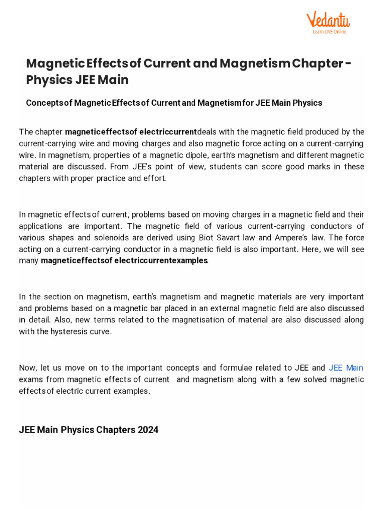 Magnetic Effects of Current and Magnetism Chapter - Physics JEE Main | PDF