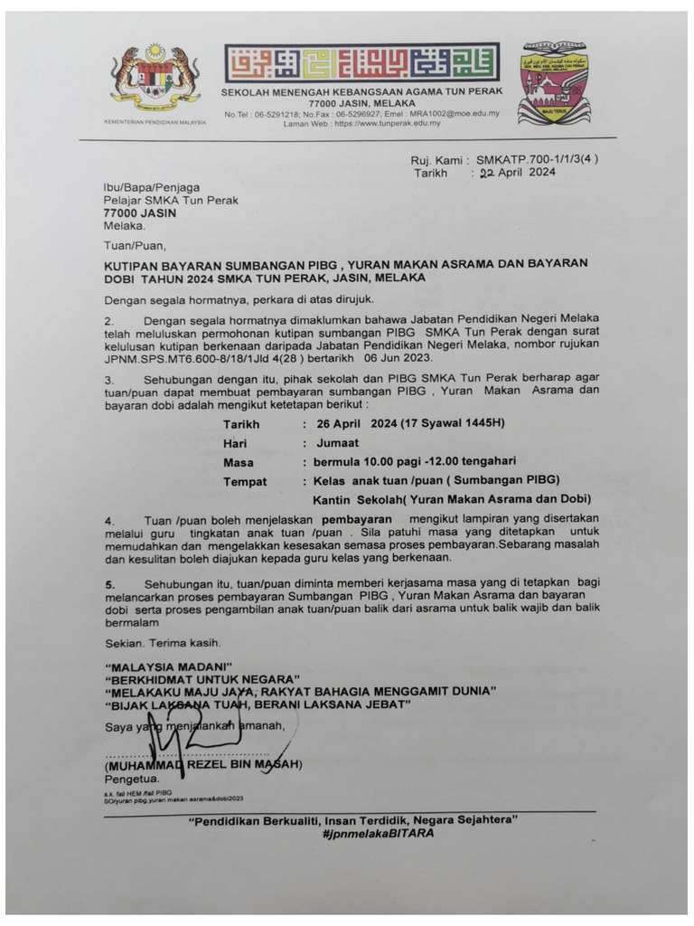 Surat Makluman Kutipan Pibg Dan Senarai Bayaran | PDF