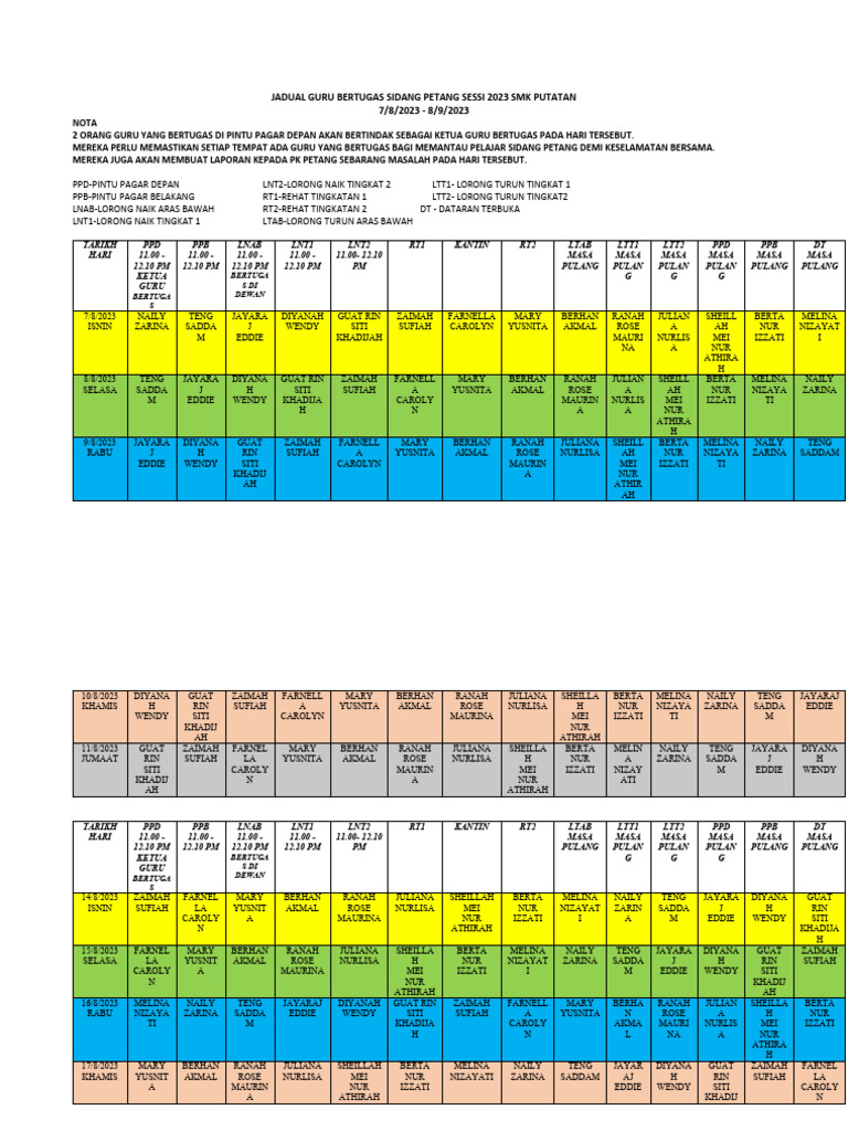 Jadual Guru Bertugas Sidang Petang | PDF