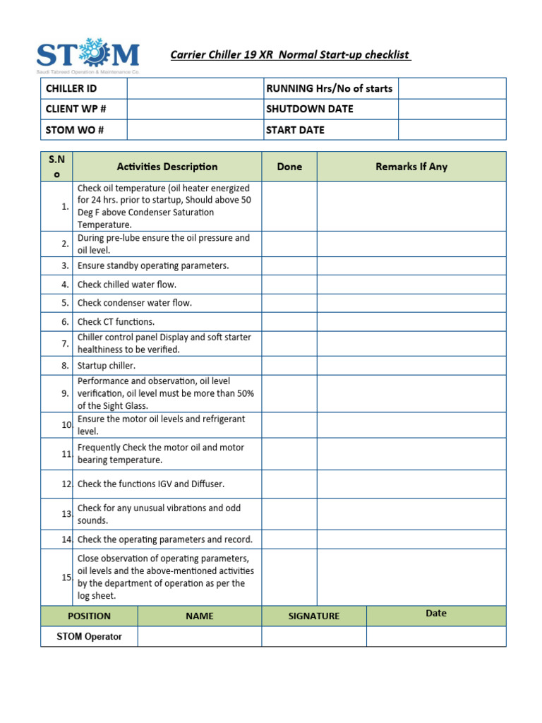 Carrier Chiller Start-Up Check List | PDF