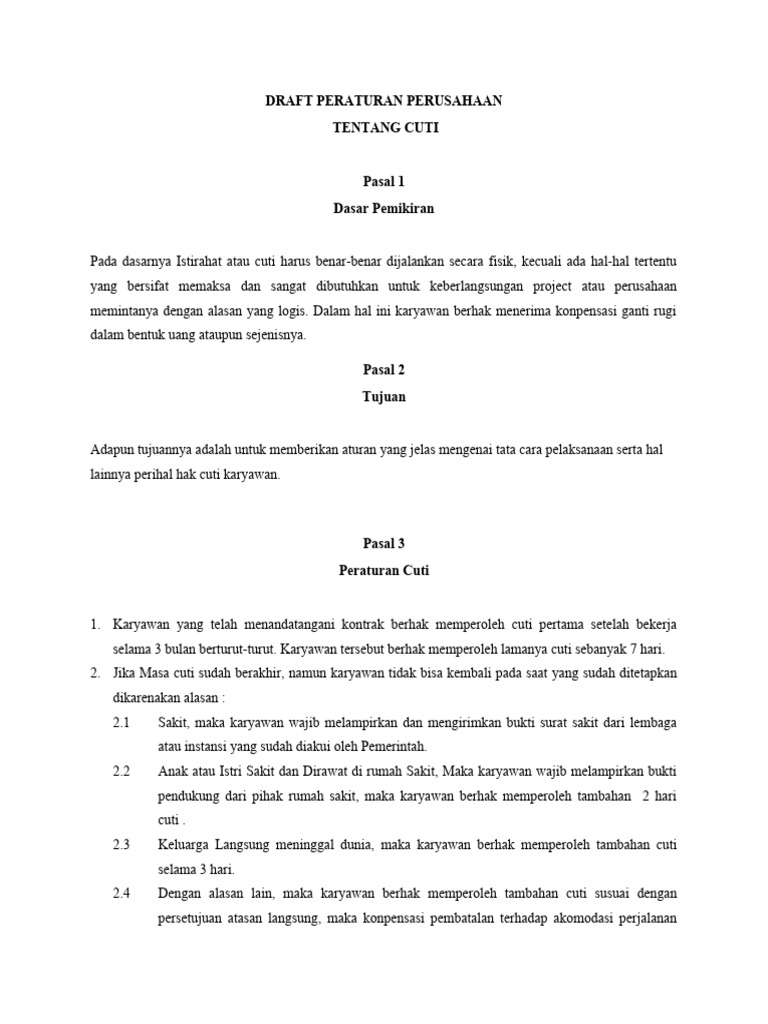 Draft Peraturan Perusahaan Tentang Cuti | PDF
