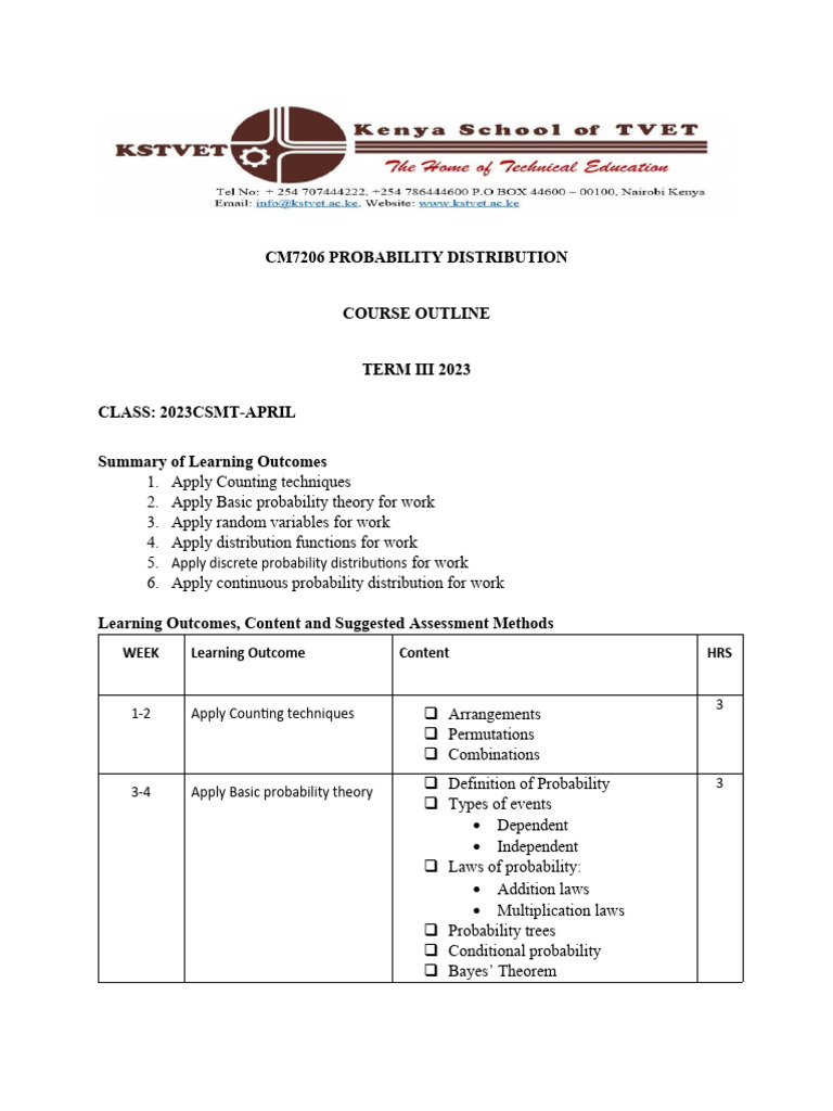 CM7206 PROBABILITY DISTRIBUTION COURSE OUTLINE | Download Free PDF | Probability Distribution ...