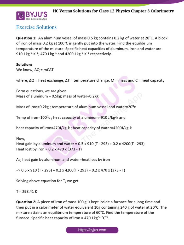 HC Verma Solutions Class 12 Physics Chapter 3 Calorimetry | PDF | Heat | Latent Heat