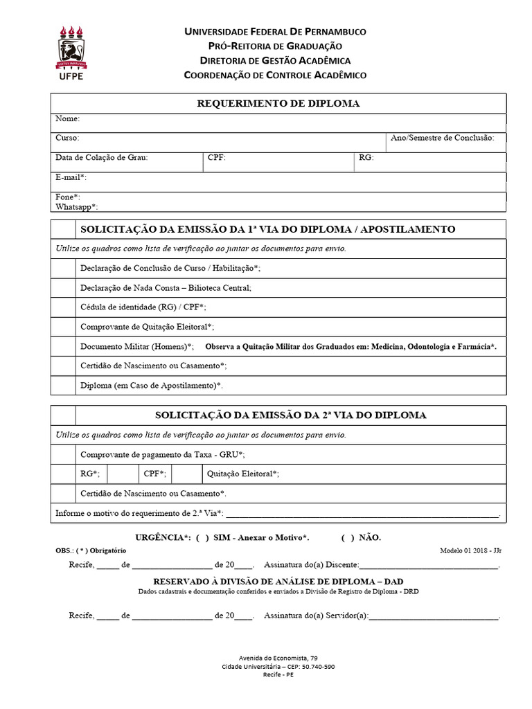 Formulário de Requerimento de Diplomas | PDF