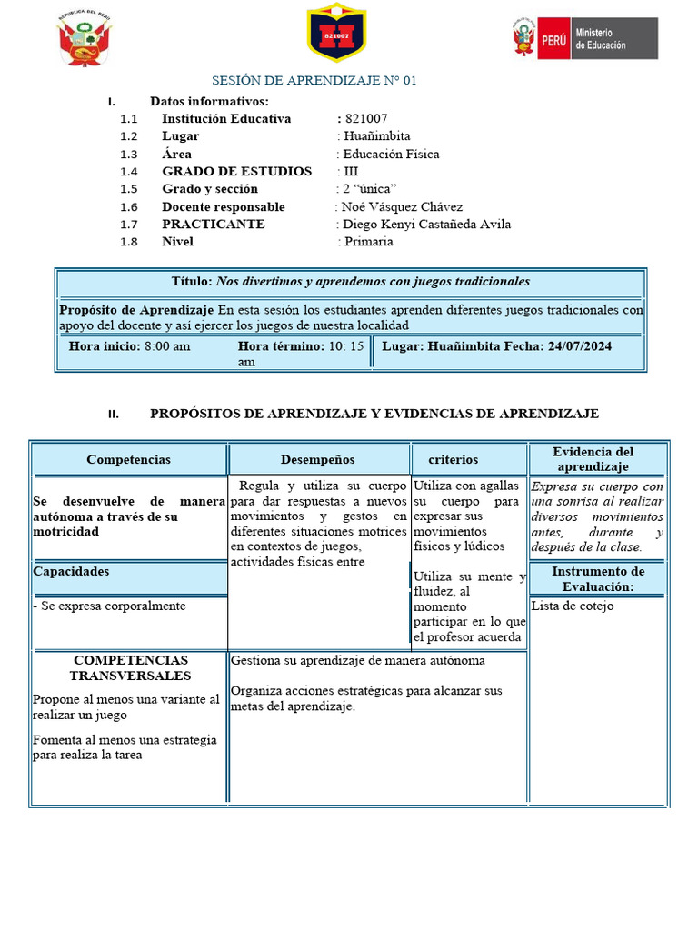 0MY SESIÓN DE APRENDIZAJE 1.docxHUÑINBITA - Docxcompleto | PDF | Aprendizaje | Maestros