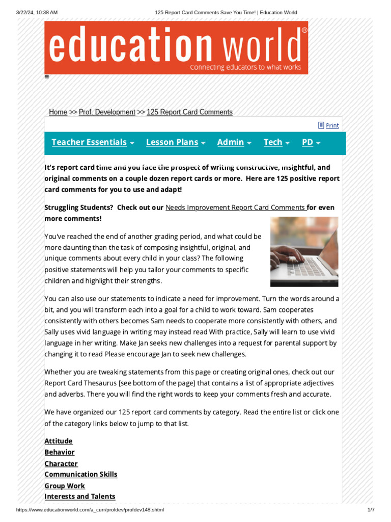 125 Report Card Comments Save You Time! - Education World | PDF ...