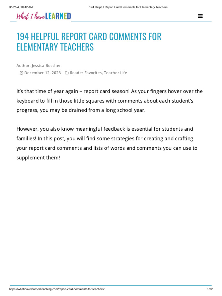 194 Helpful Report Card Comments For Elementary Teachers | PDF ...
