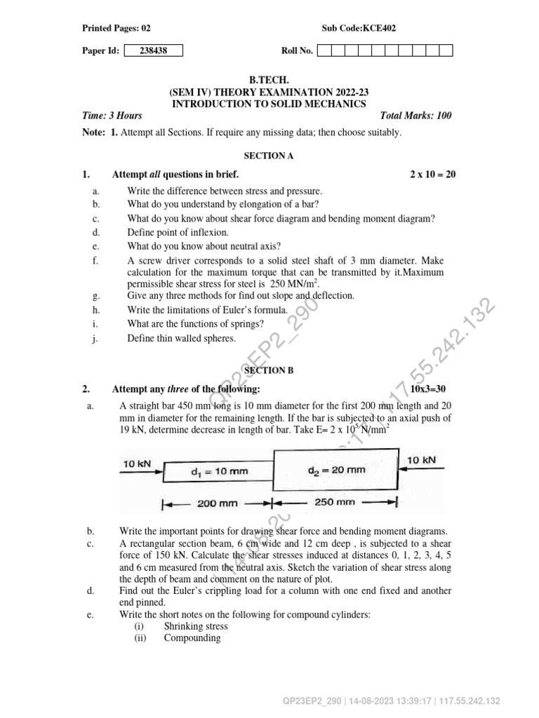 Btech Ce 4 Sem Introduction To Solid Mechanics Kce 402 2023 | PDF ... Btech Ce 4 Sem Introduction To Solid Mechanics Kce 402 2023 | PDF ...