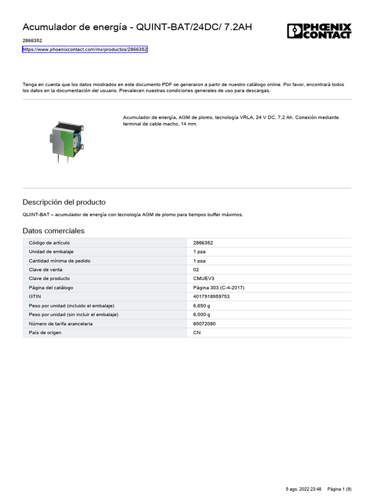 F.8.4 Phoenix-Contact-2866352-Es | PDF | Batería recargable | Electricidad