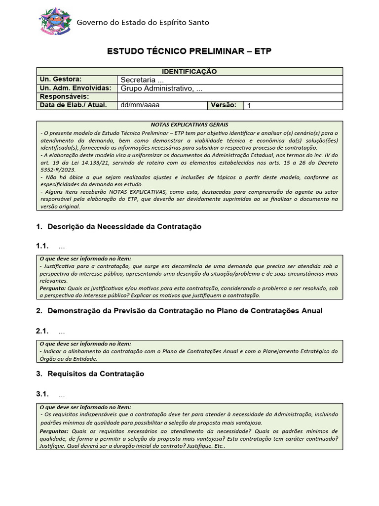 Modelo de ETP - Estudo Técnico Preliminar - Governo Do ES - Lei 14133 - v.1 | PDF | Qualidade ...