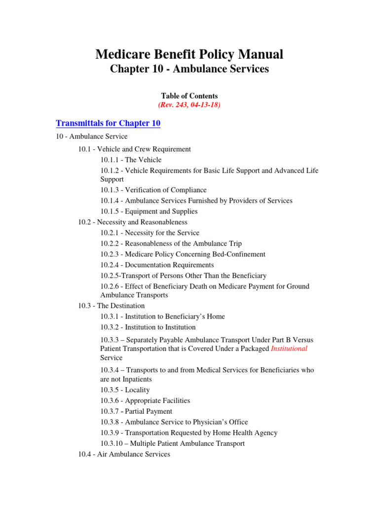 Medicare Benefit Policy Manual: Chapter 10 - Ambulance Services | PDF | Emergency Medical ...
