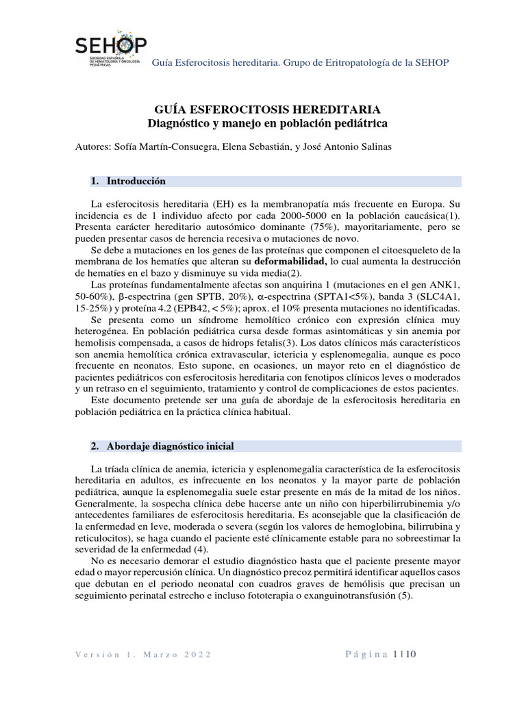 Guia Esferocitosis Hereditaria Sehop | PDF | Mutación | Diagnostico medico