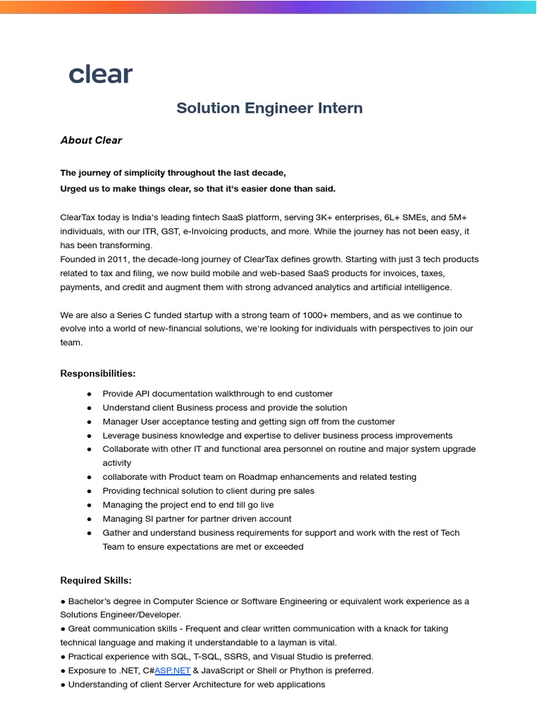 Solution Engineer Internship at ClearTax | PDF | Software As A Service | Web Application