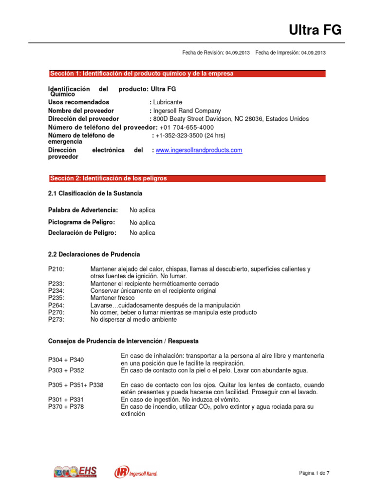 Ficha Técnica del Lubricante Ultra FG | PDF | Agua | Toxicidad