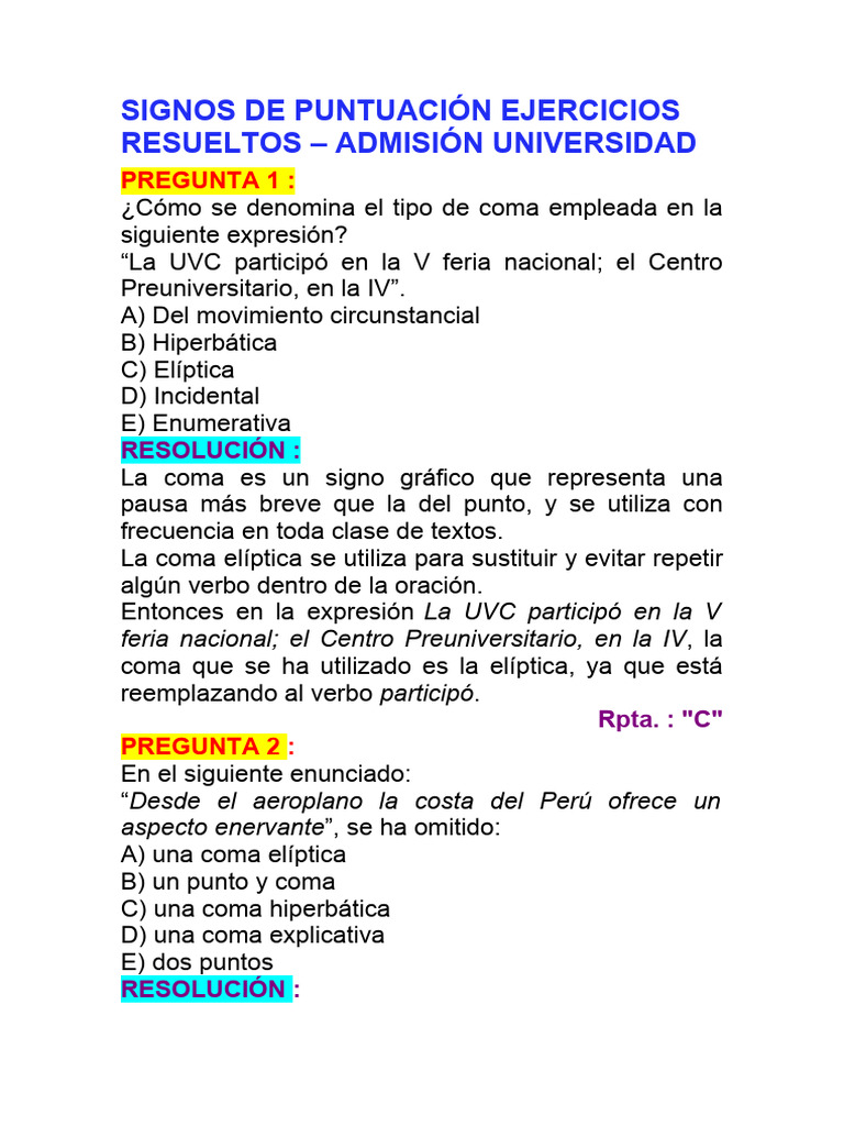 SIGNOS DE PUNTUACIÓN EJERCICIOS RESUELTOS | Descargar gratis PDF | Coma | Puntuación