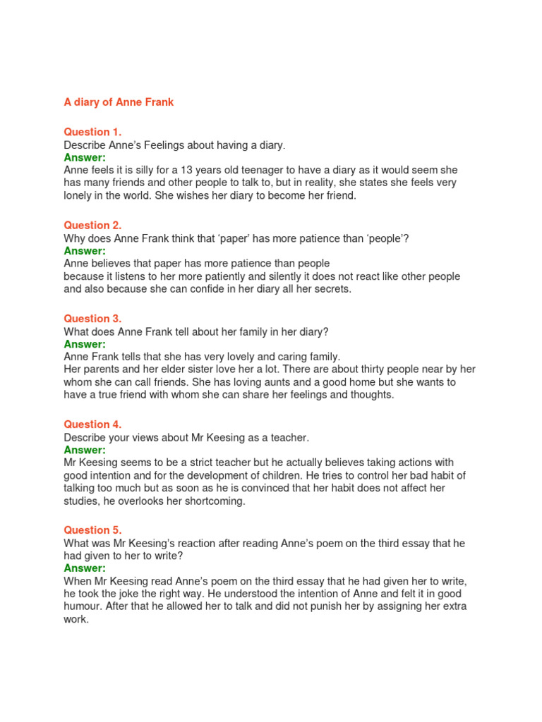 A Diary of Anne Frank: Answer | PDF | Tiger | Predation