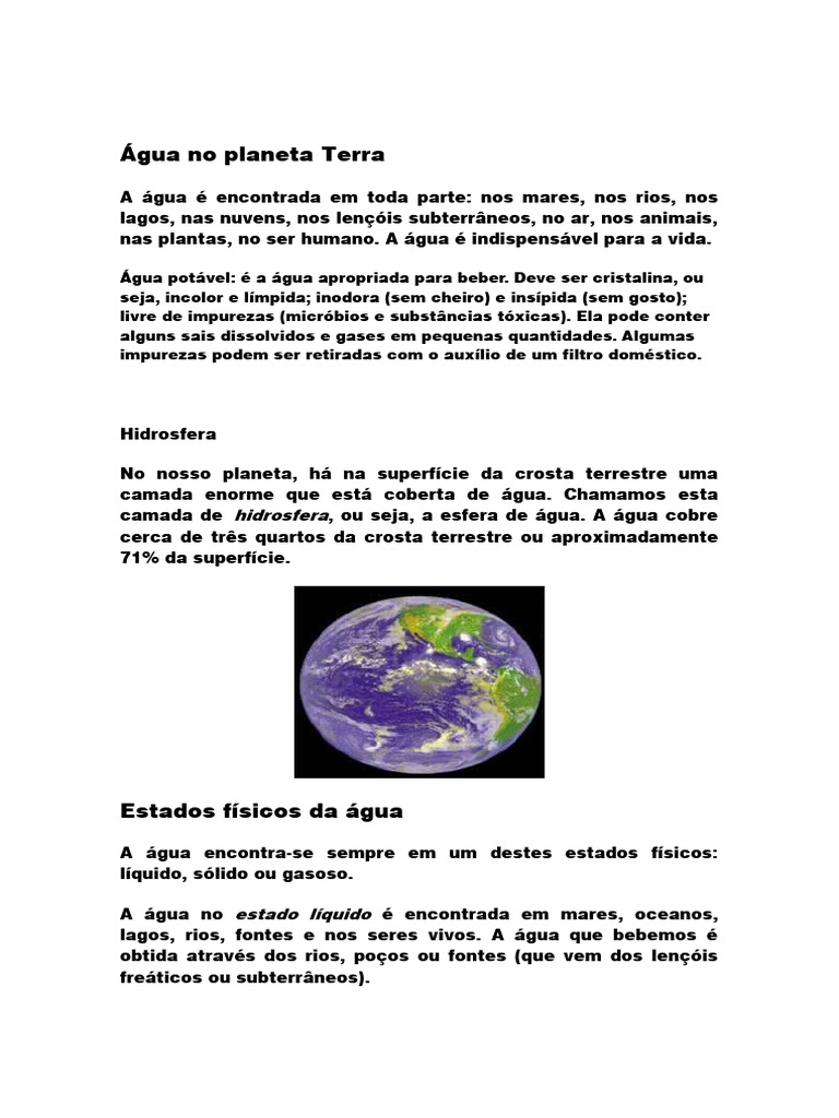 Água No Planeta Terra | PDF | Água | Terra