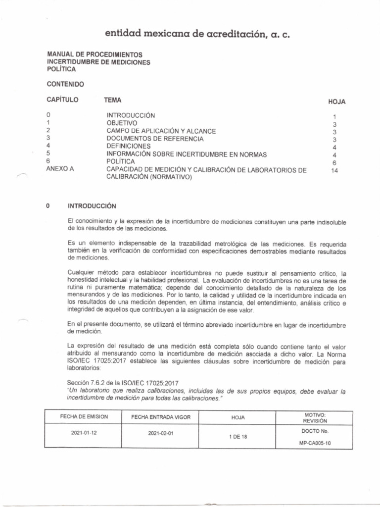 Mp-Ca005-10 Manual de Procedimientos Incertidumbre de Mediciones | PDF | Incertidumbre ...